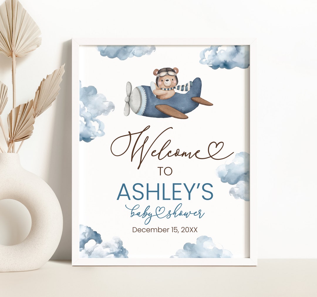 Editable Airplane Bear Baby Shower Welcome Sign Bear on a Plane We Can ...