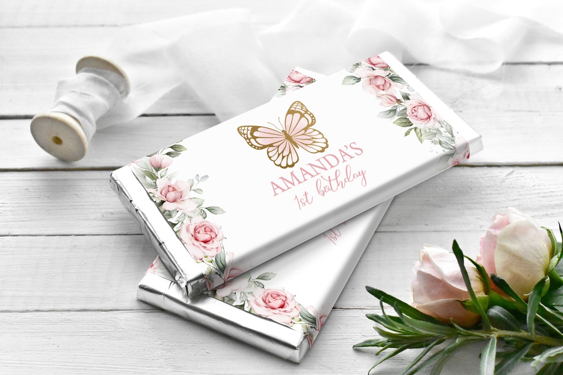 EDITABLE Pink Gold Butterfly Chocolate Bar Wrapper Pink Floral ...