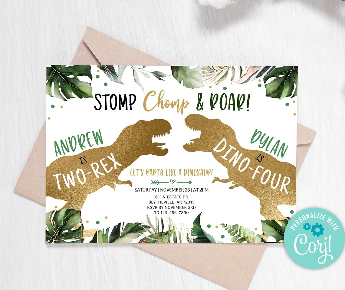EDITABLE Dinosaur Double Birthday Party Invitation Twins Dino T-rex ...