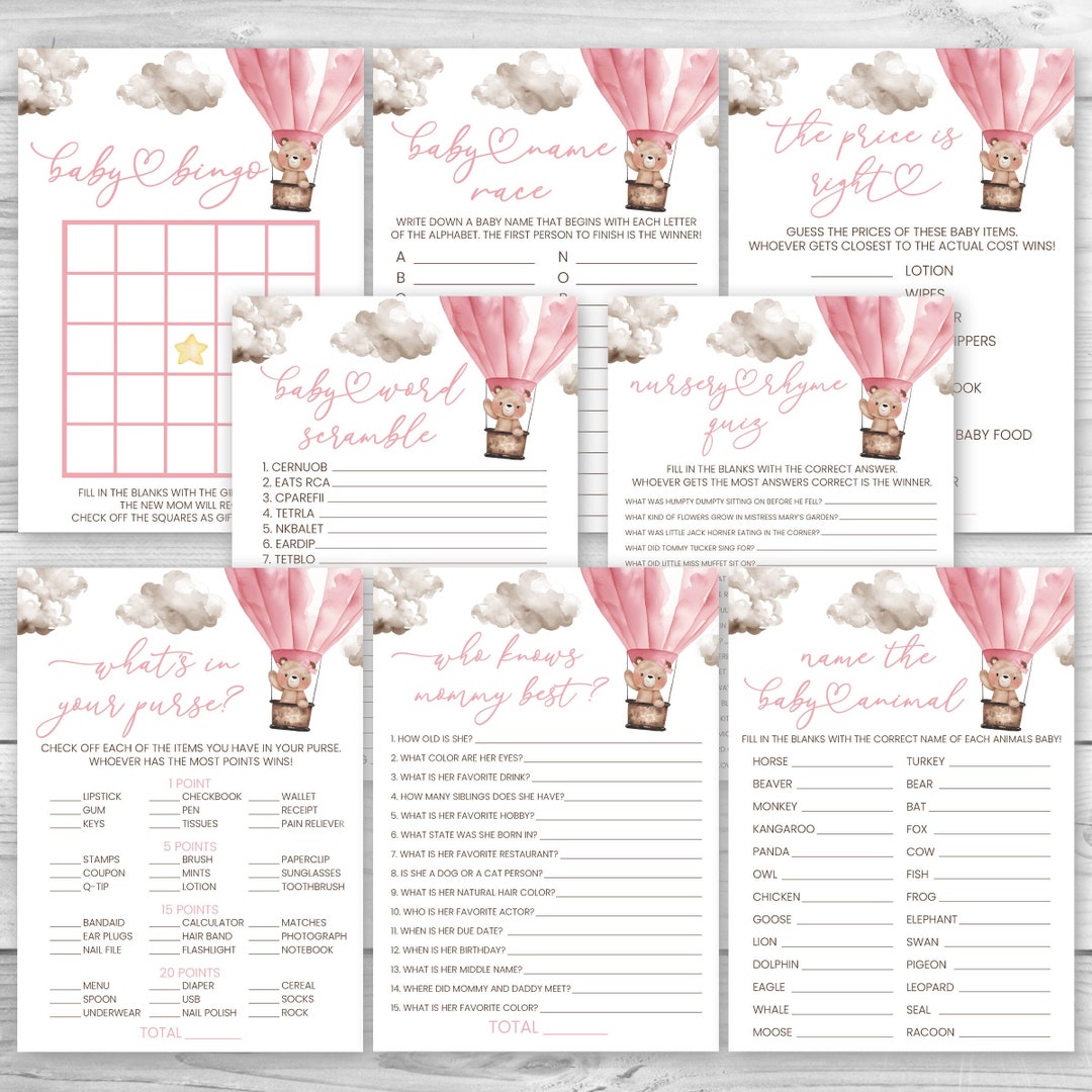Bear Hot Air Balloon Baby Shower Game Package 8 Printable Pink Bear ...