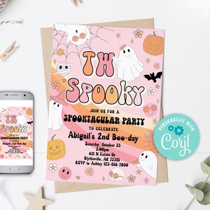 Editable Two Spooky Halloween Birthday Invitation Pink Retro Groovy ...