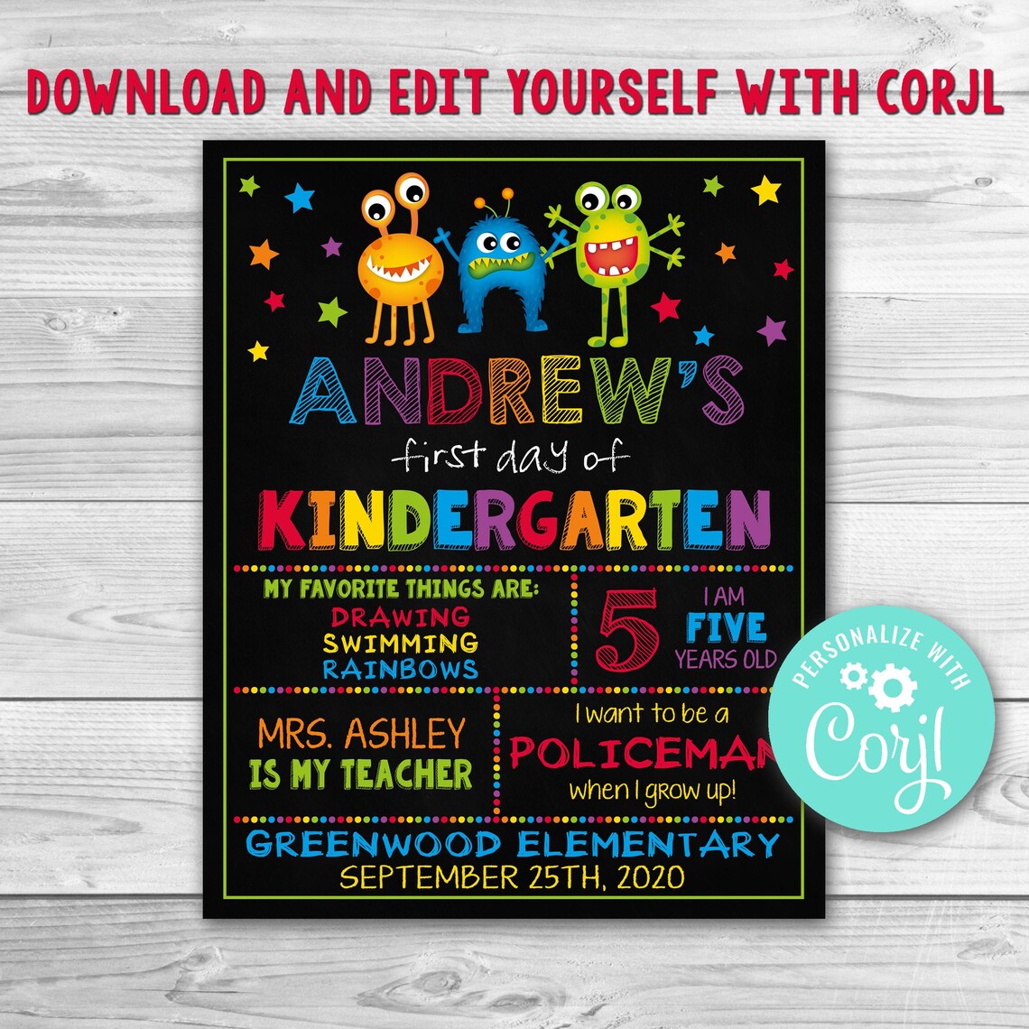 Editable First Day of Kindergarten Sign Monsters First Day of | Etsy