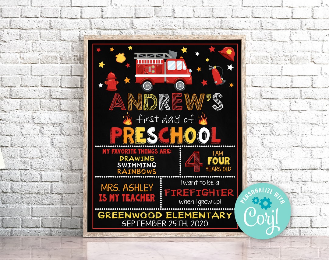 Editable First Day of Preschool Sign, Firetruck First Day of School ...