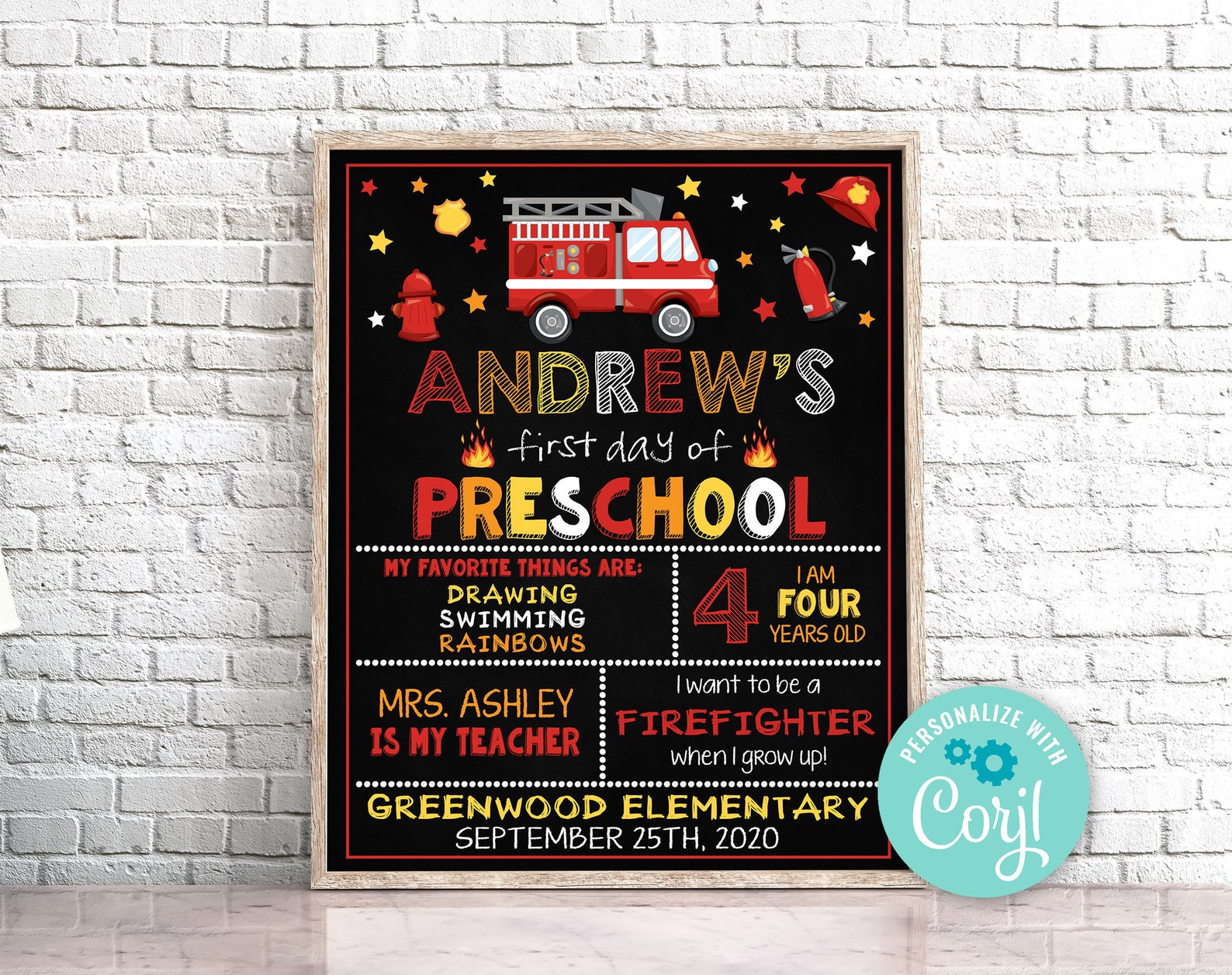 Editable First Day of Preschool Sign Firetruck First Day of - Etsy