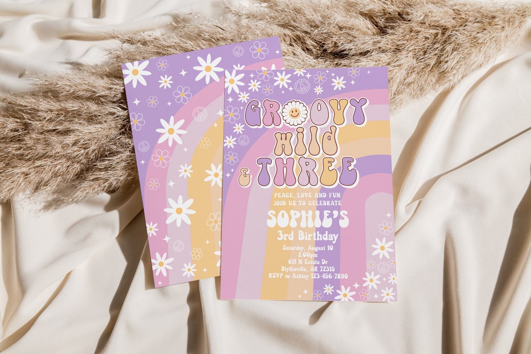 Editable Groovy Wild & Three Birthday Party Invitation Daisy Hippie 70 ...