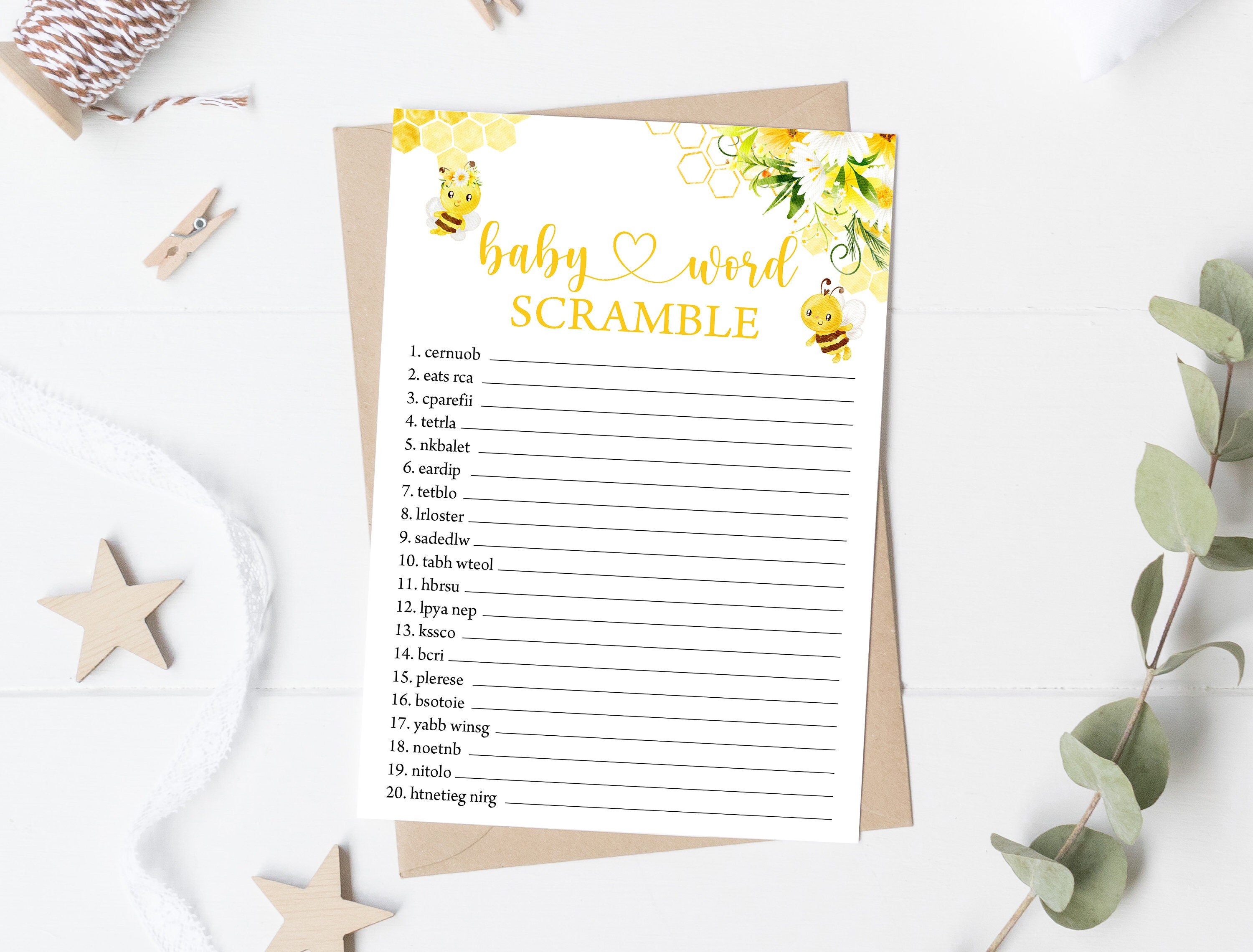 Bee Word Scramble Baby Shower Game Honey Bee Baby Word Scramble Game ...