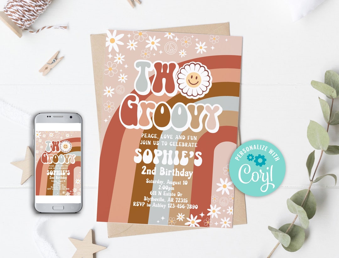Editable Two Groovy Birthday Party Invitation Daisy Hippie 70's Retro ...