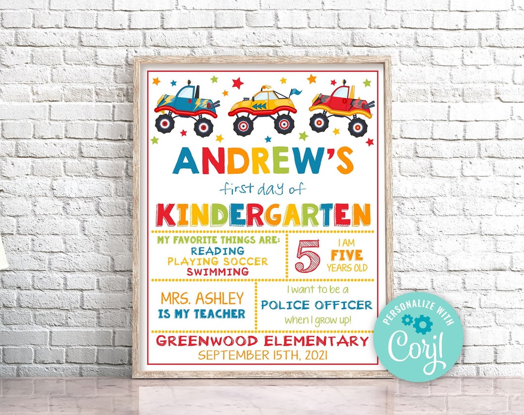 Editable First Day of Kindergarten Sign Monster Truck First Day of ...