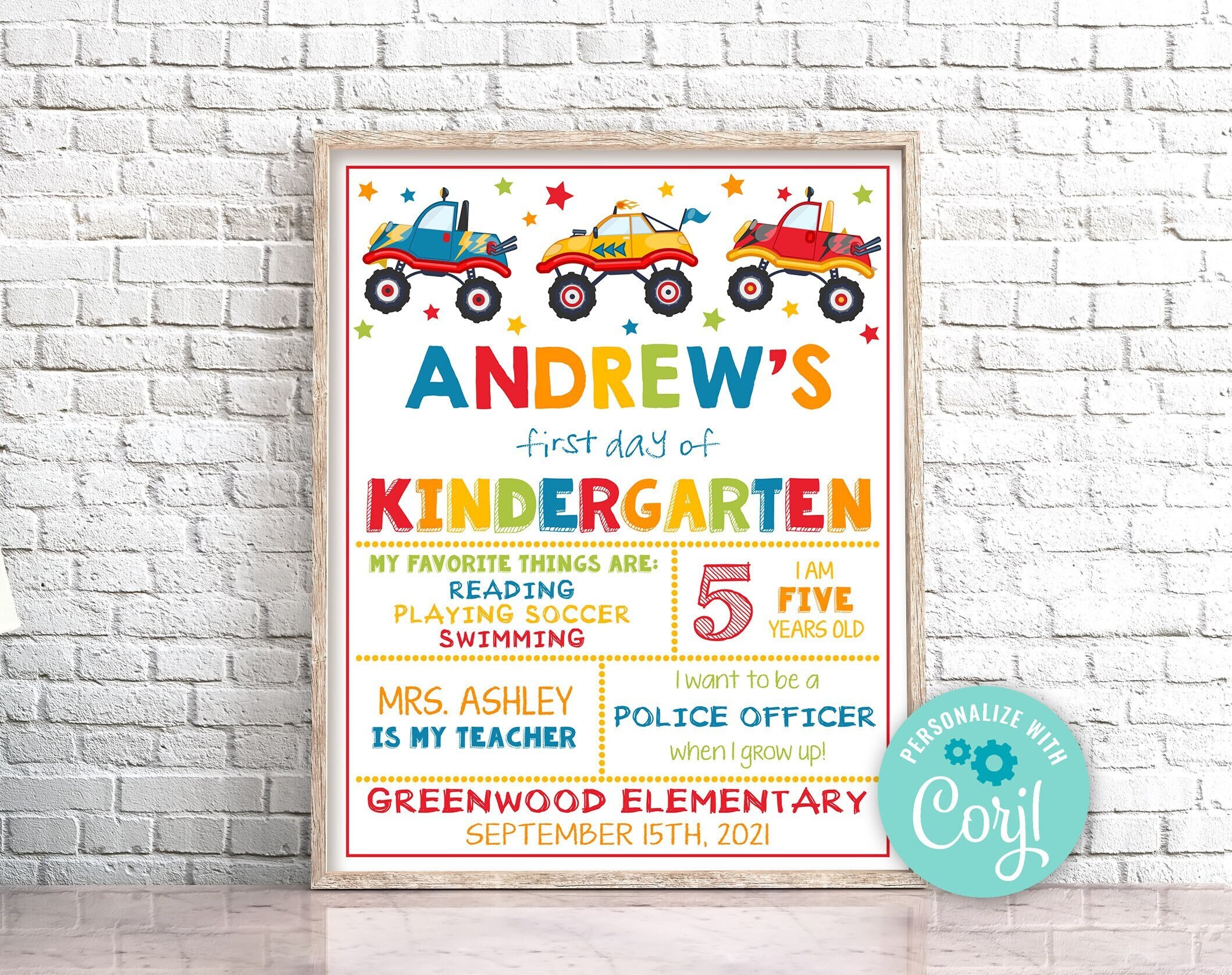 Editable First Day of Kindergarten Sign Monster Truck First | Etsy