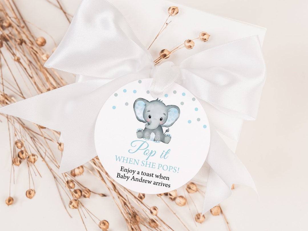 EDITABLE Elephant Pop It When She Pops Mini Champagne Favor Tag Blue ...