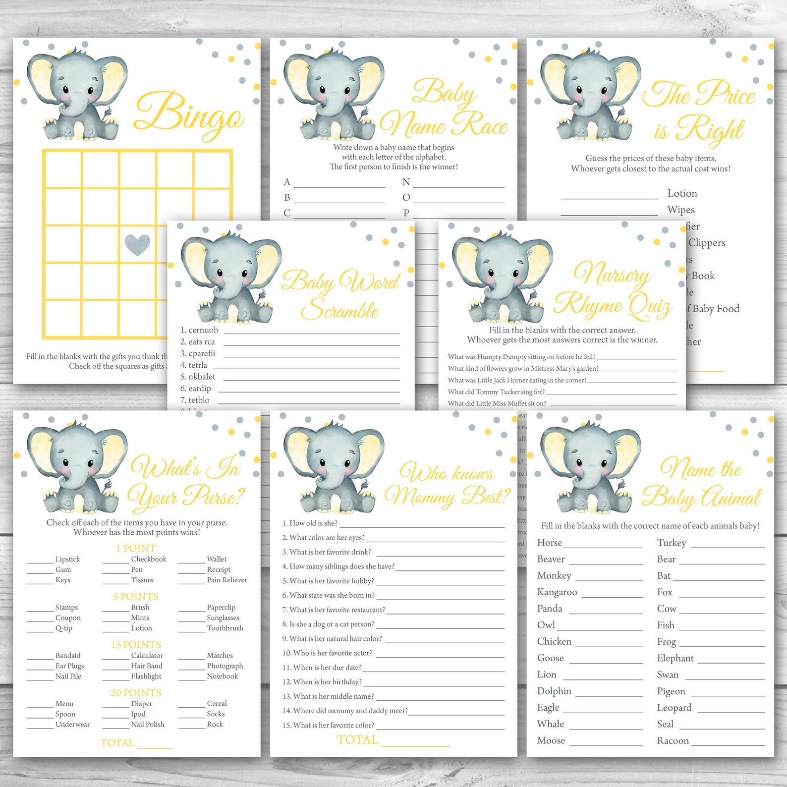 Yellow Elephant Baby Shower Game Package, 8 Printable Elephant Baby ...