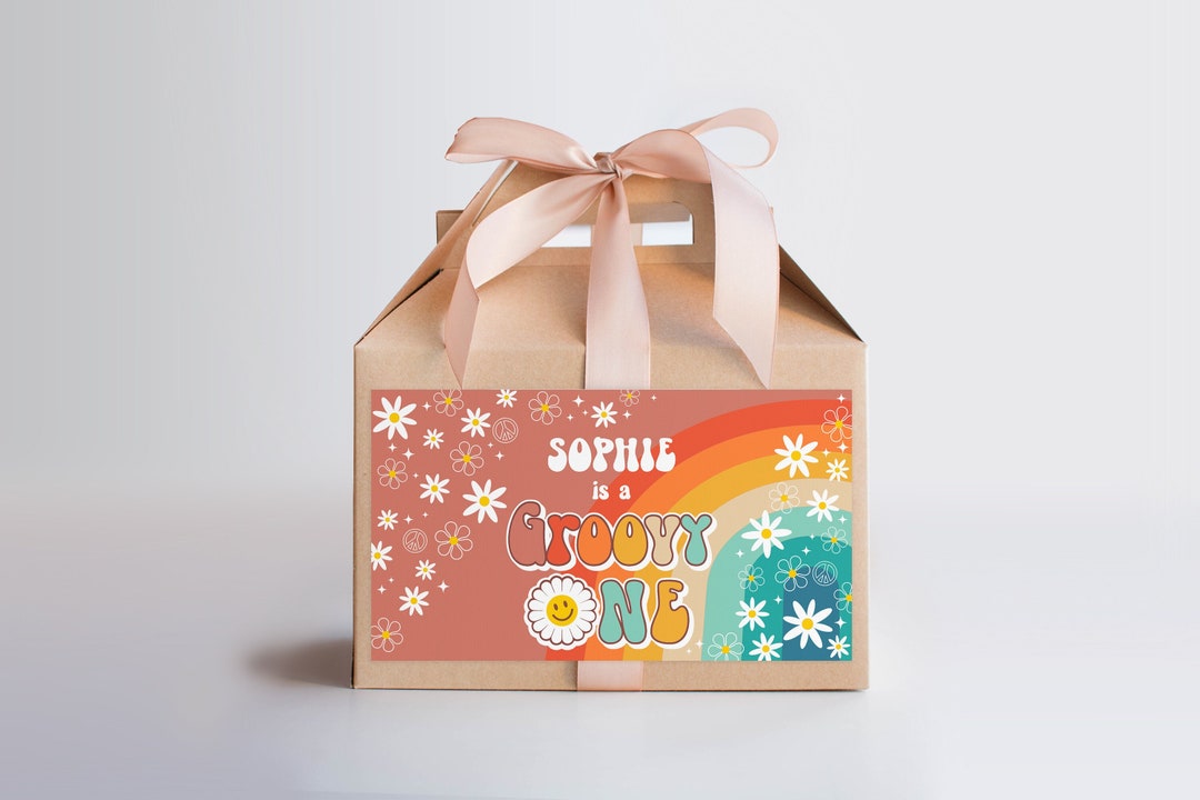 EDITABLE Groovy One Birthday Party Gable Box Favor Labels Rainbow Peace ...