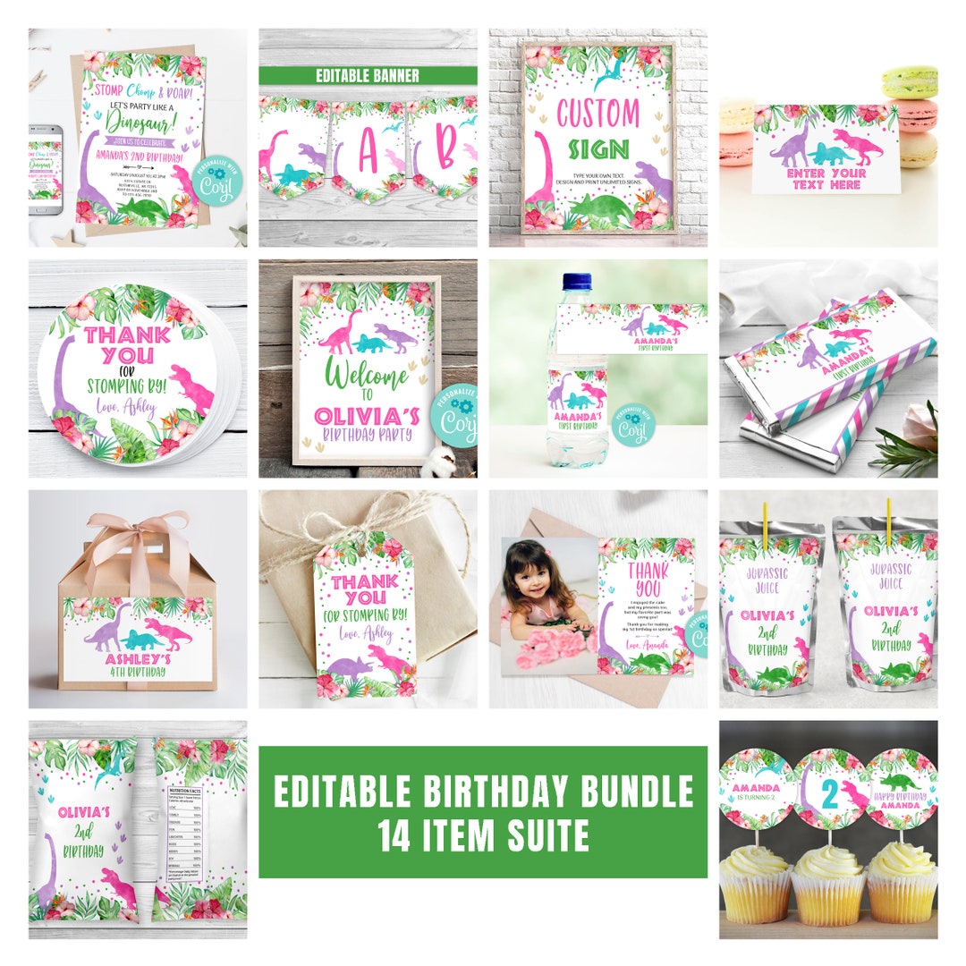 EDITABLE Girl Dinosaur Birthday Invitation and Bundle Dinosaur Party ...