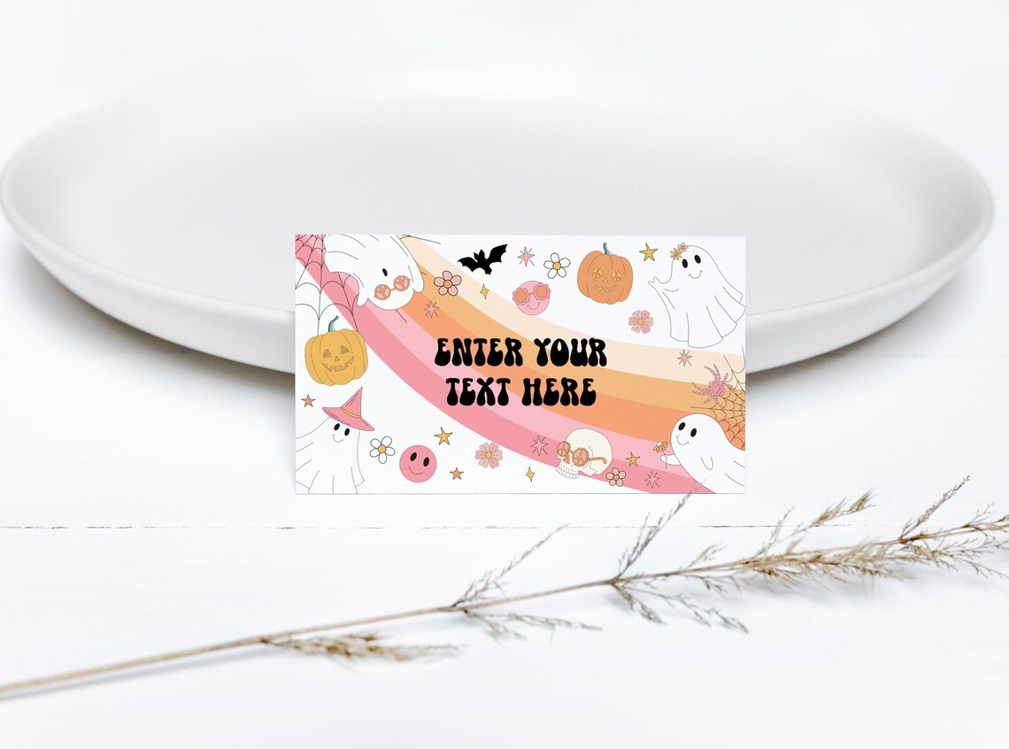 EDITABLE Spooky Halloween Ghost Birthday Food Cards Retro Groovy Ghost ...