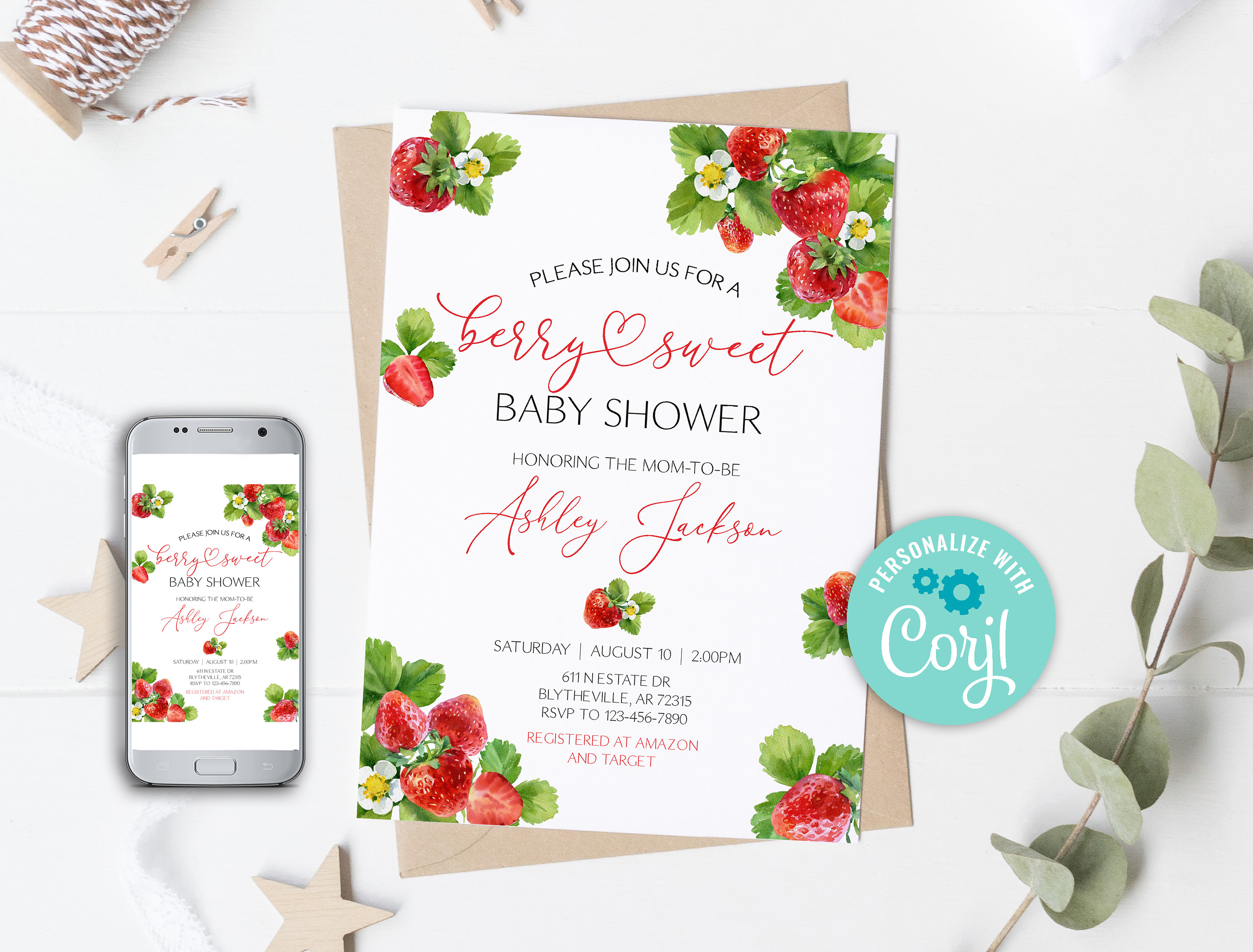 Editable Strawberry Baby Shower Invitation Set Berry Sweet - Etsy