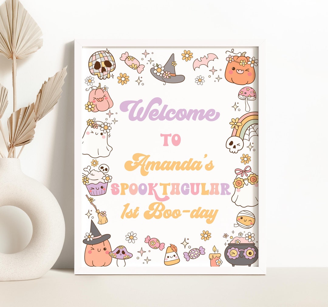 Editable Groovy Retro Halloween Birthday Welcome Sign Hippie Halloween ...