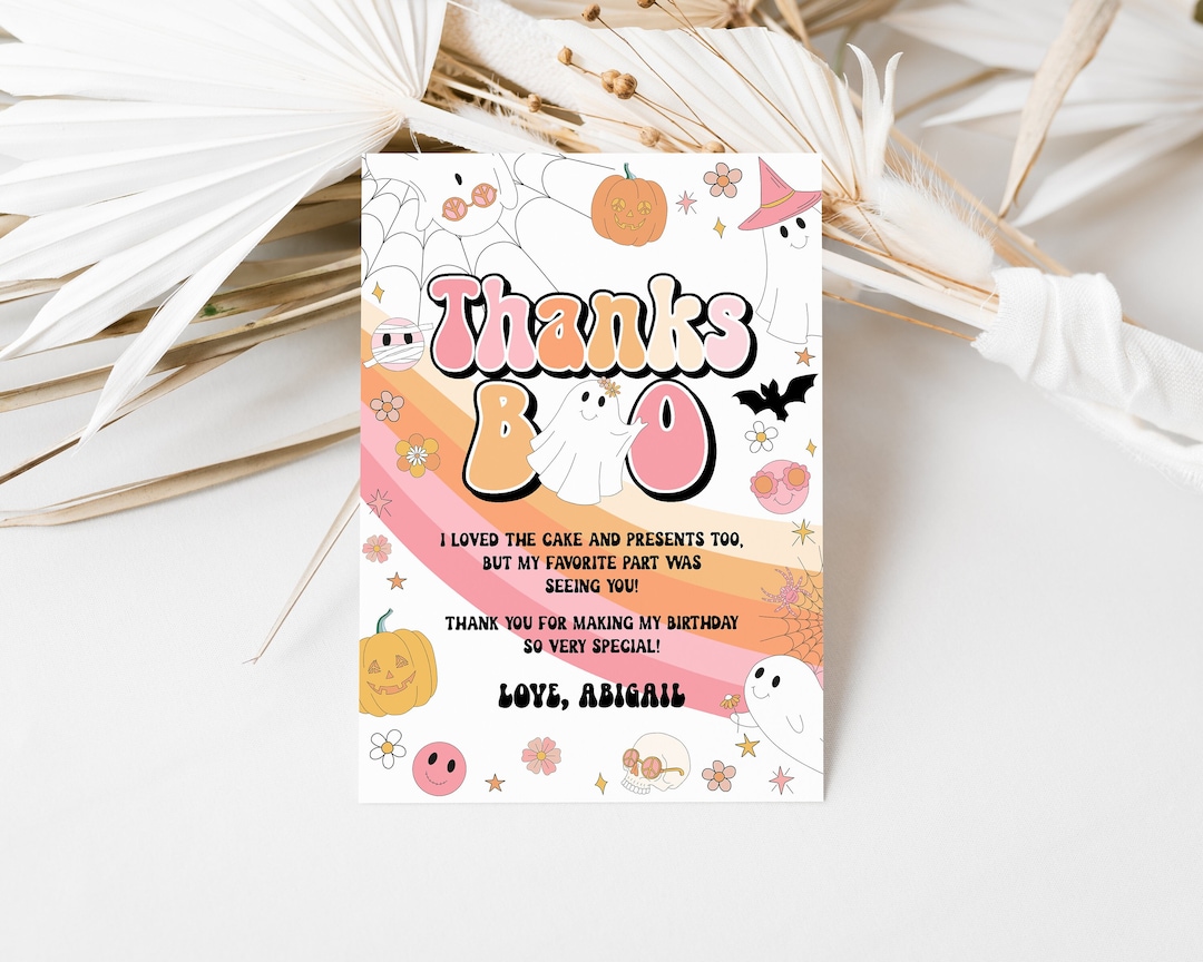 Editable Spooky Halloween Thank You Card Pink Retro Groovy Rainbow ...