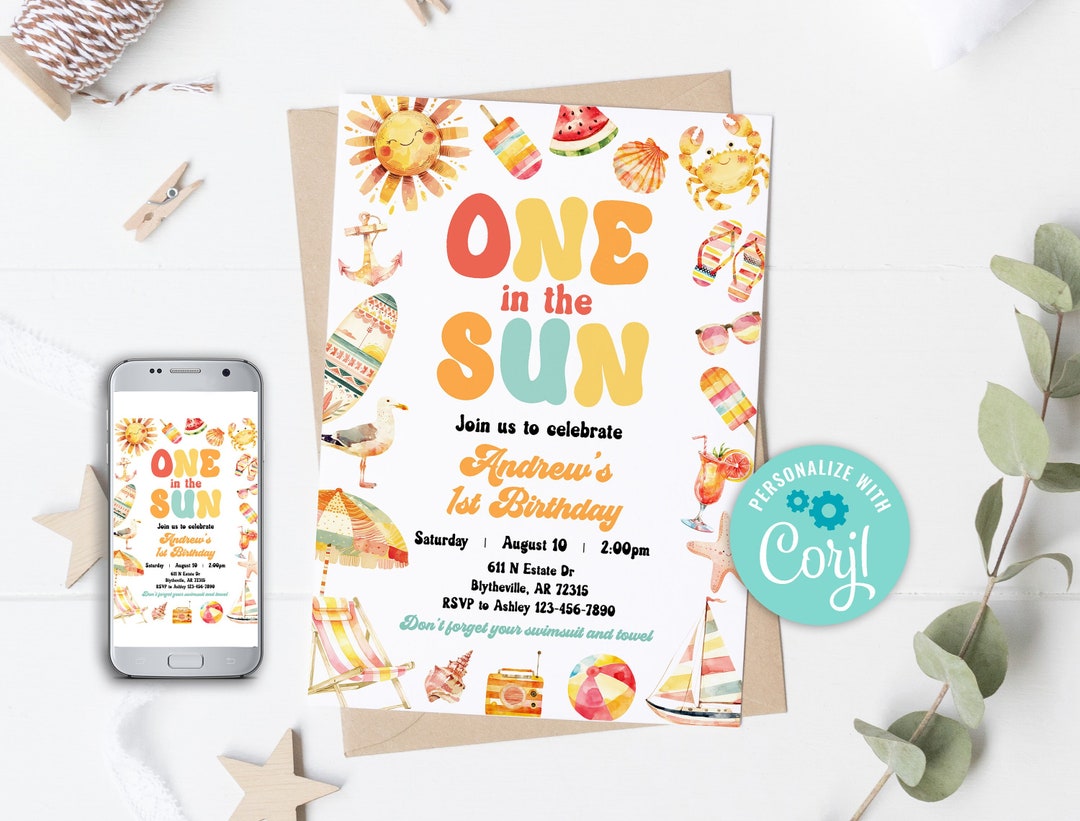Editable One in the Sun 1st Birthday Party Invitation Pool Party ...