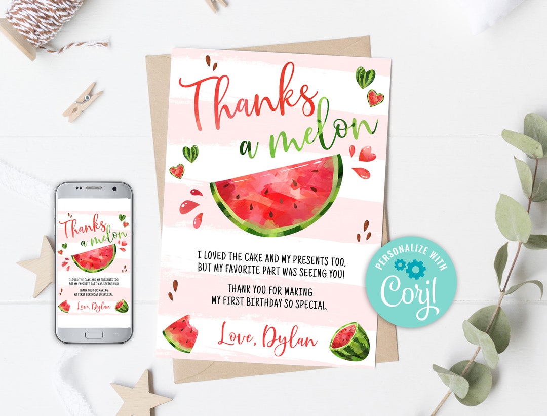 Editable Watermelon Thank You Card, Thanks a Melon Thank You Card, One ...