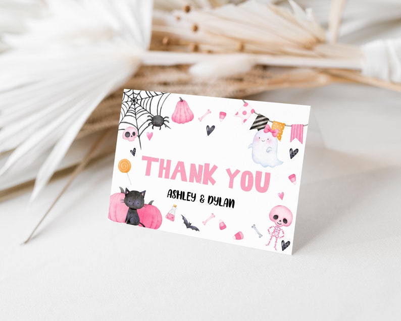 Editable Halloween Thank You Folded Card Pink Ghost Baby Shower Thank ...