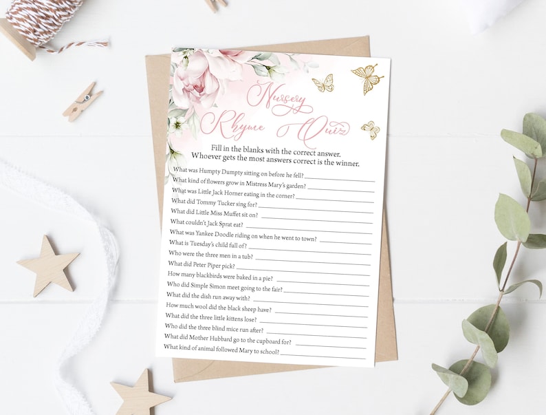 Butterfly Nursery Rhyme Quiz Baby Shower Game Pink Floral - Etsy