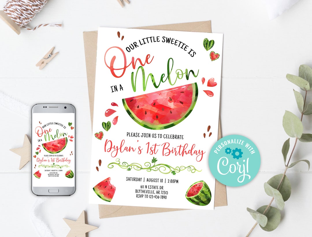 Editable Watermelon Birthday Invitation One in a Melon 1st Birthday ...