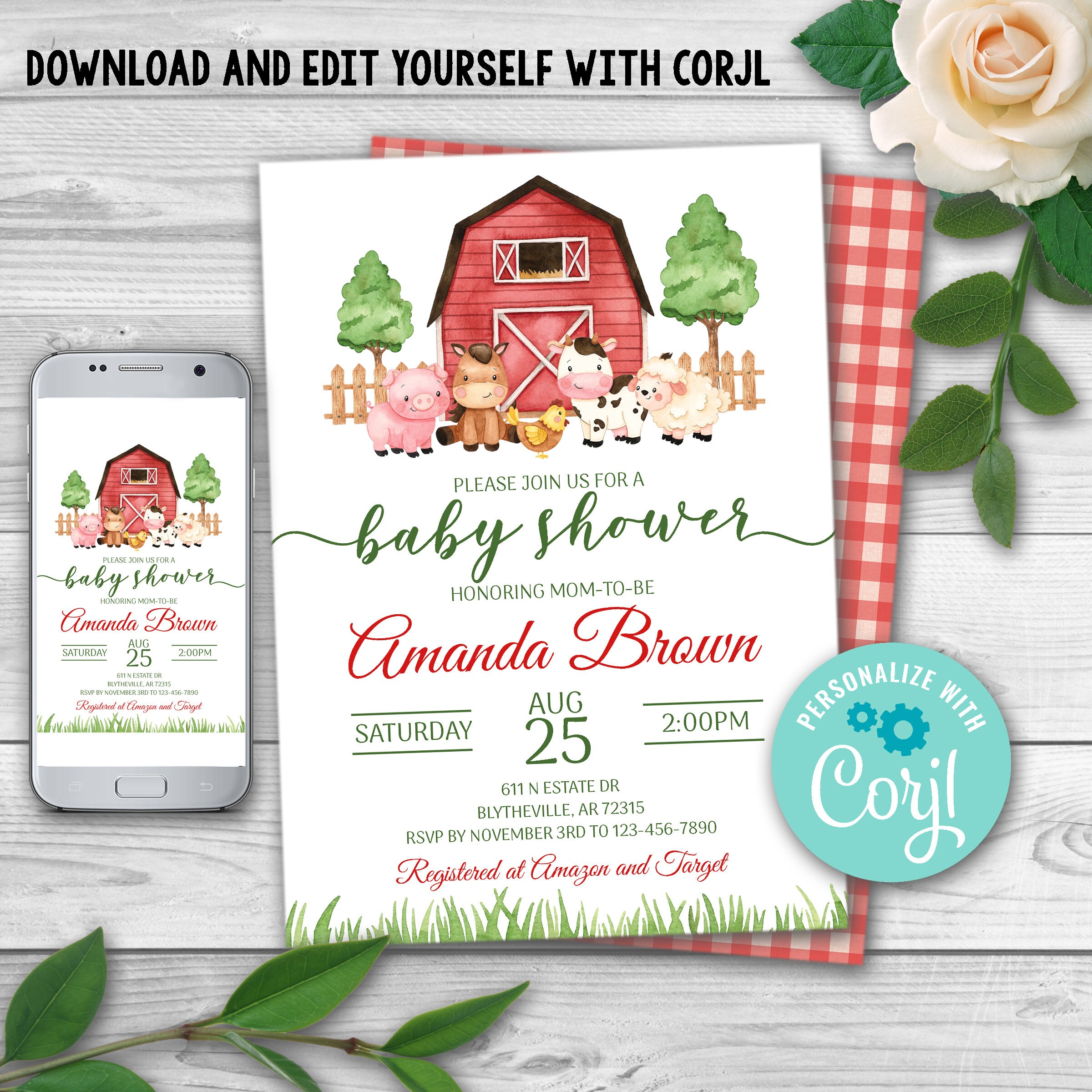 Editable Farm Animal Baby Shower Invitation Set Red Farm Baby - Etsy