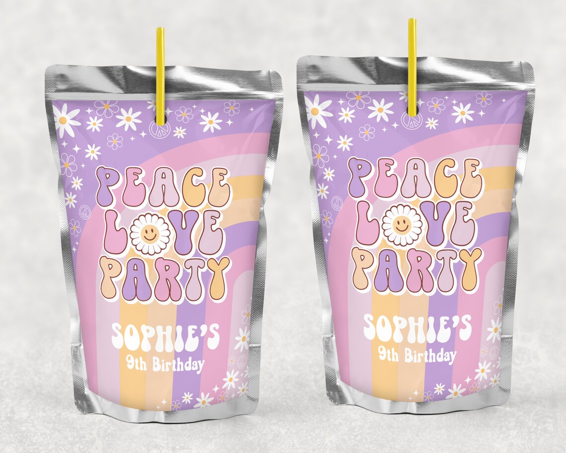 EDITABLE Groovy Juice Labels Rainbow Peace Love Party Juice Pouch ...