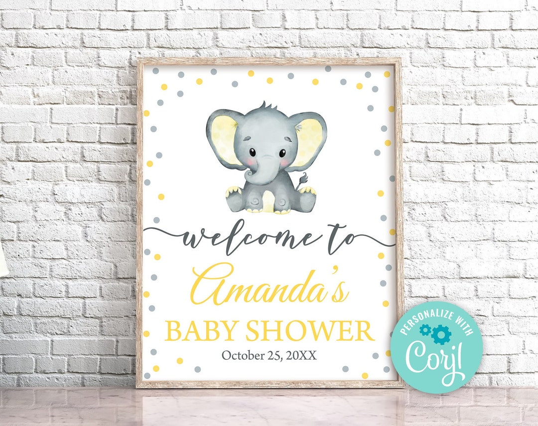 Editable Elephant Baby Shower Welcome Sign Yellow Elephant Welcome Sign ...
