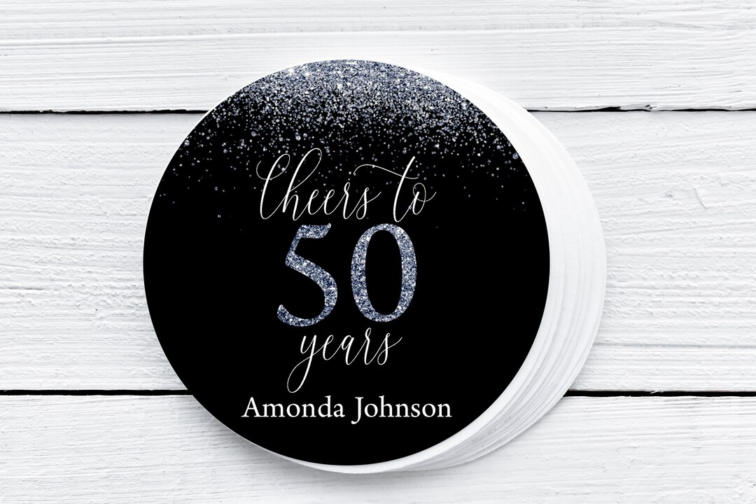 EDITABLE Cheers to 50 Years Favor Tags Black & Silver Glitter Favor Tag ...