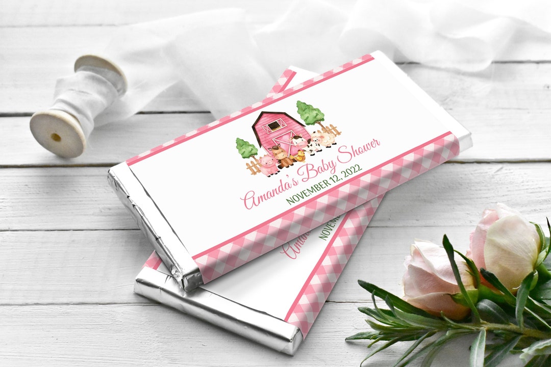 EDITABLE Farm Animals Chocolate Bar Wrapper Pink Farm Baby Shower Candy ...