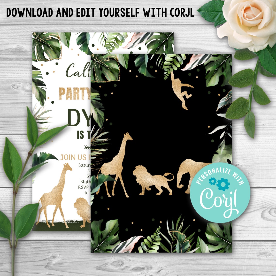 EDITABLE Gold WILD Animal Invitations, Jungle Birthday Invitation ...