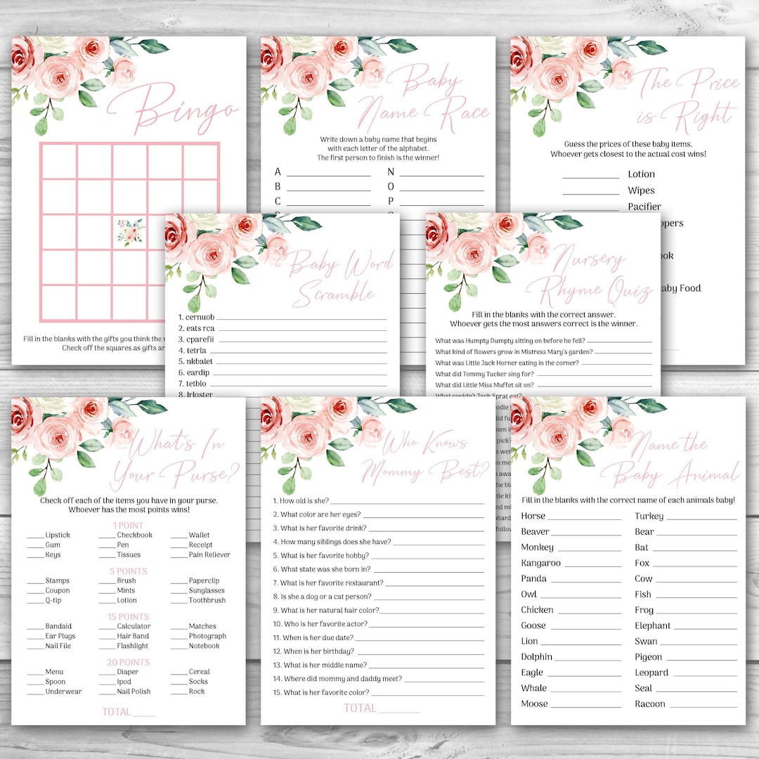 Girl Floral Baby Shower Game Package, 8 Printable Pink Floral Baby ...