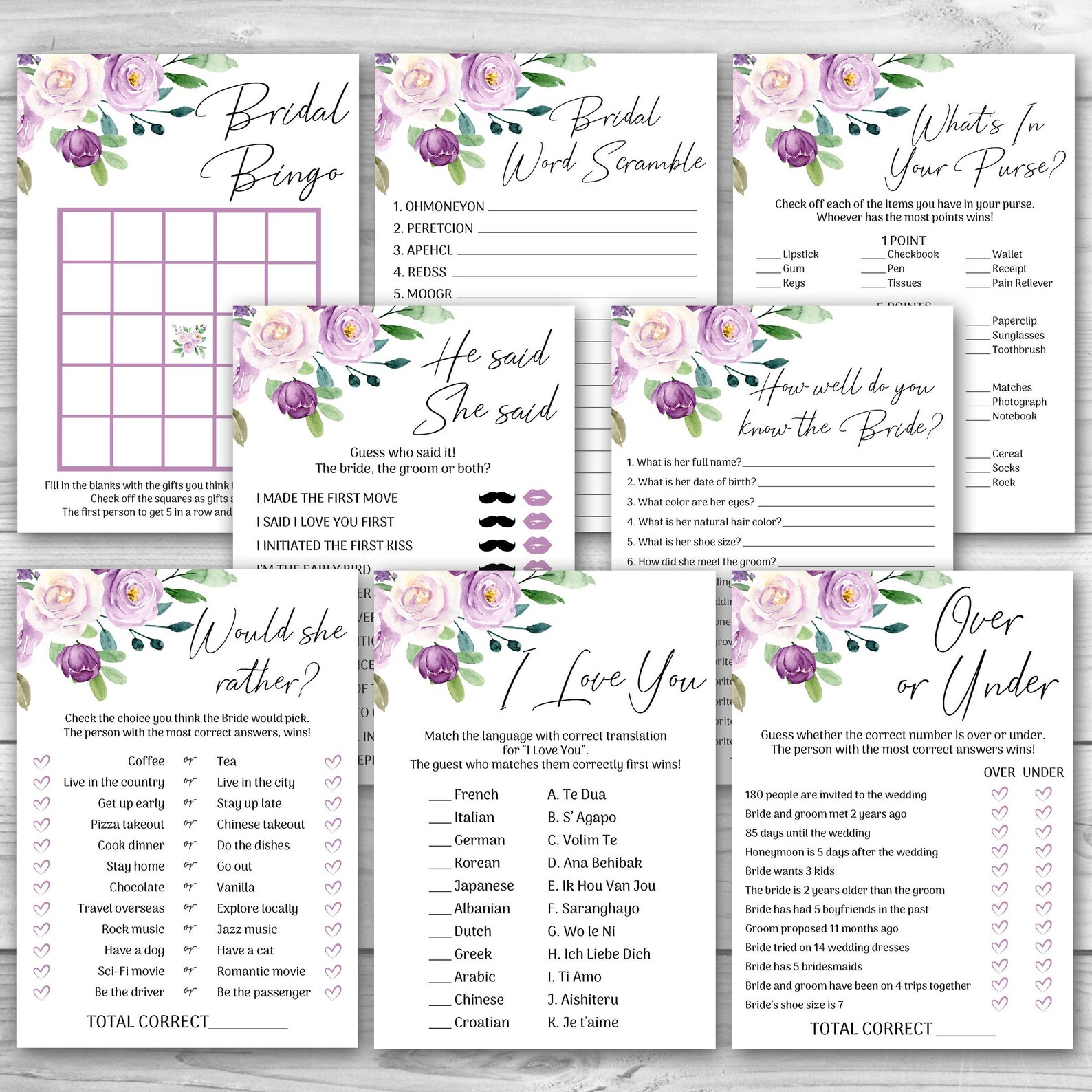 Purple Floral Bridal Shower Game Bundle Lavender Floral Bridal Shower ...