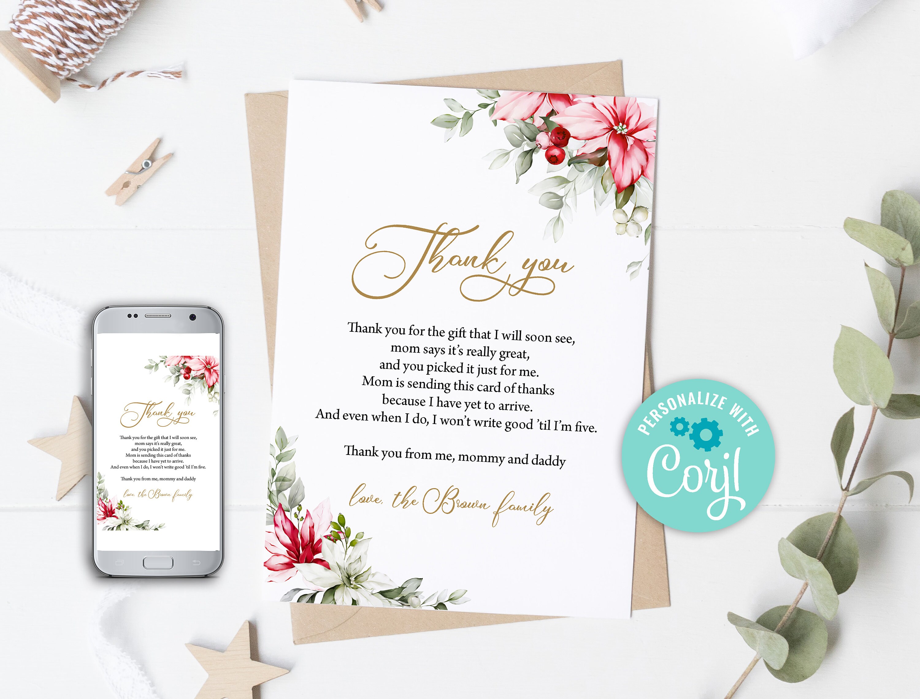 Editable Christmas Thank You Card Christmas Floral Thank You Card ...