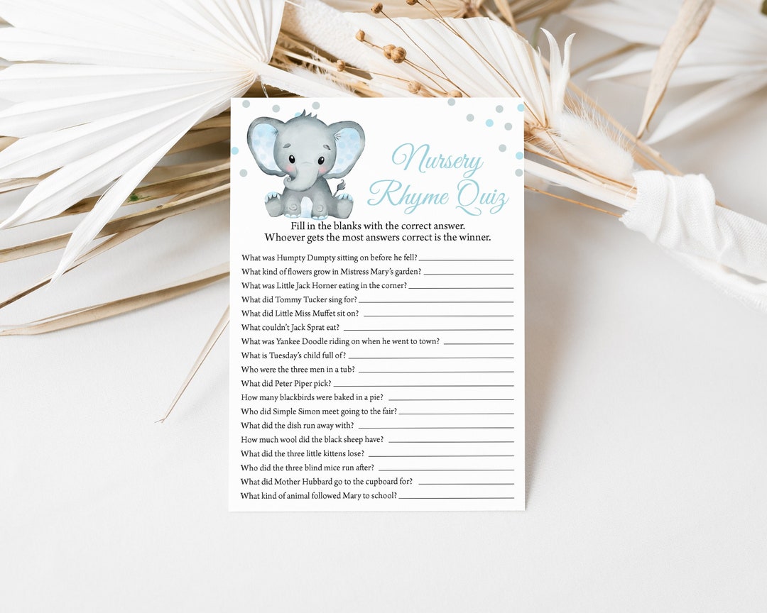 Blue Elephant Nursery Rhyme Quiz Baby Shower Game Boy Elephant Baby ...