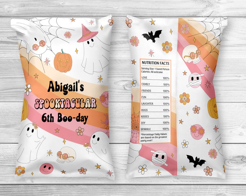 EDITABLE Spooky Halloween Ghost Chip Bag Wrapper Labels Retro Groovy ...