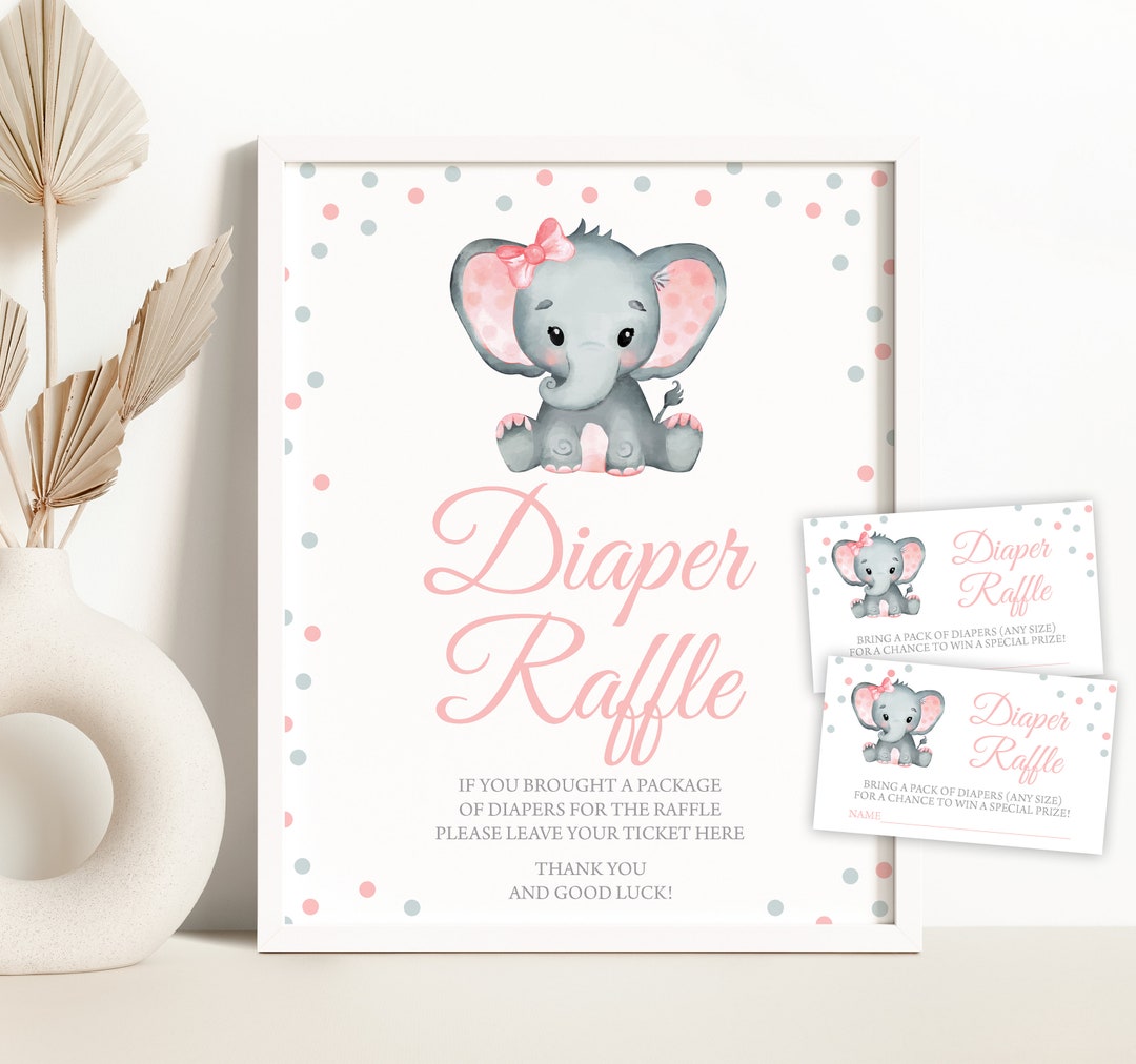 Pink Elephant Baby Shower Diaper Raffle Sign Girl Elephant Diaper ...