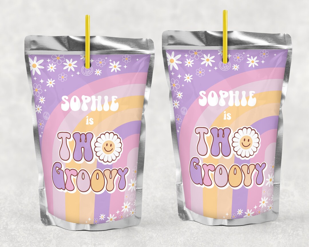 EDITABLE Two Groovy Juice Labels Rainbow Peace Love Party Juice Pouch ...