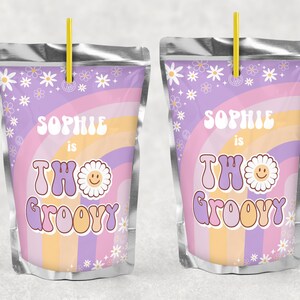 EDITABLE Two Groovy Juice Labels Rainbow Peace Love Party Juice Pouch ...