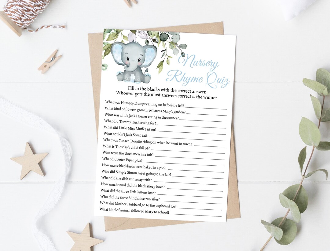 Blue Elephant Nursery Rhyme Quiz Baby Shower Game Boy Elephant Baby ...