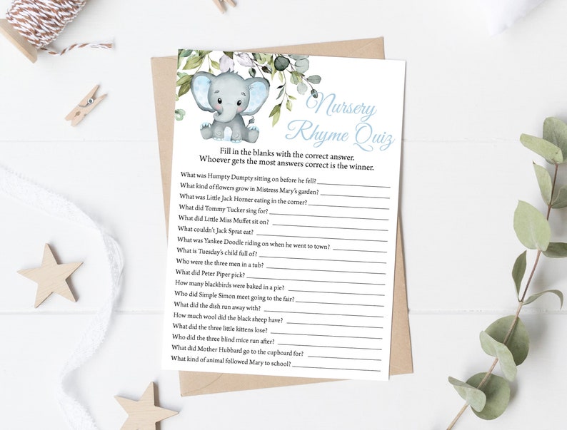Blue Elephant Nursery Rhyme Quiz Baby Shower Game Boy Elephant | Etsy