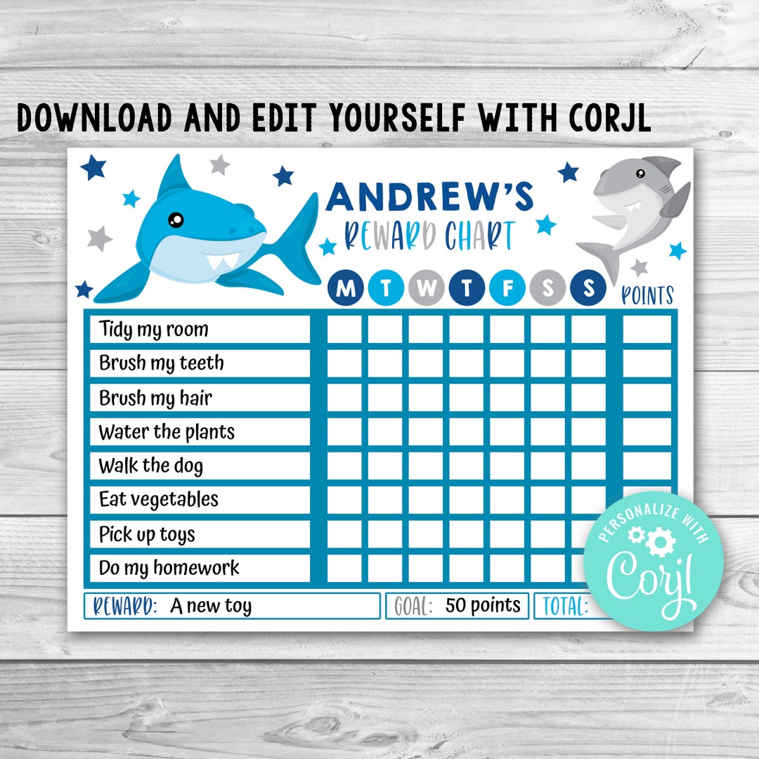 Editable Shark Reward Chart for Kids, Shark Routine Chart, Shark Kids ...