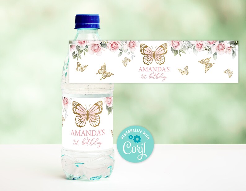 EDITABLE Butterfly Bottle Label Pink Floral Butterfly Birthday Water ...