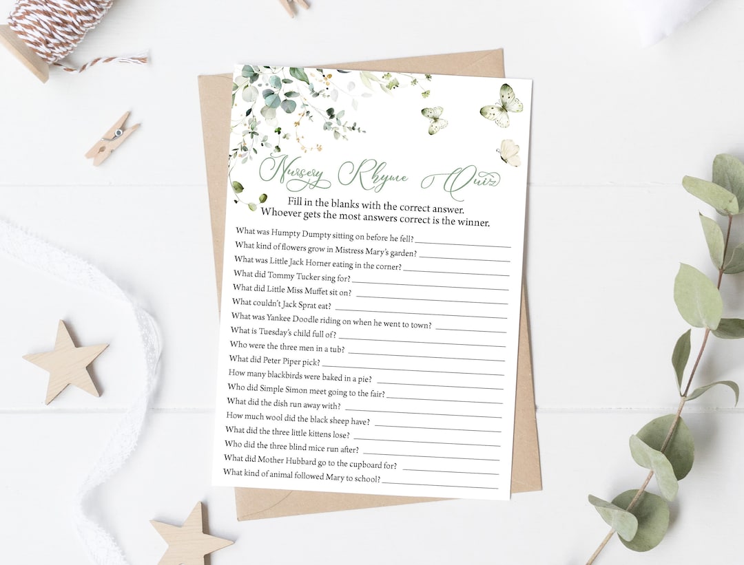 Sage Green Butterfly Nursery Rhyme Quiz Baby Shower Game Greenery ...