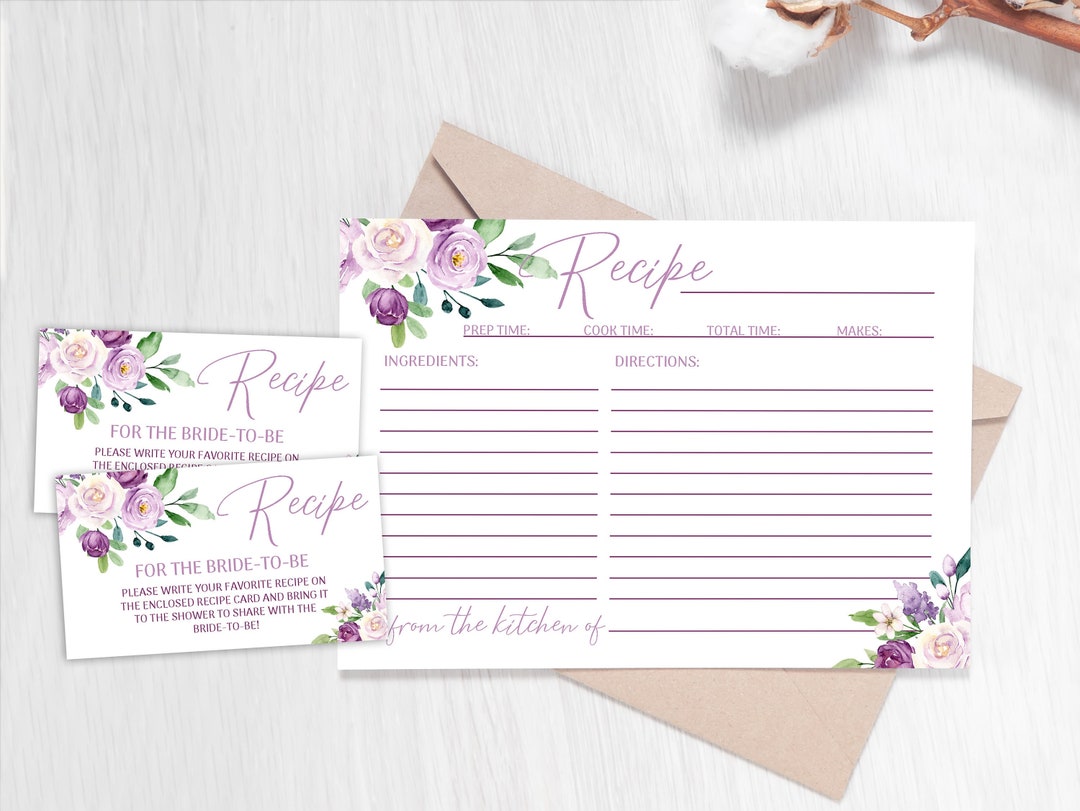 Purple Floral Recipe Card Printable Lilac Flowers Bridal Shower Recipe ...