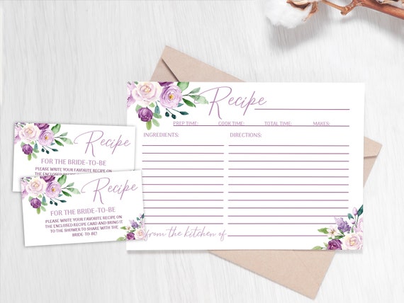 Purple Floral Recipe Card Printable Lilac Flowers Bridal | Etsy