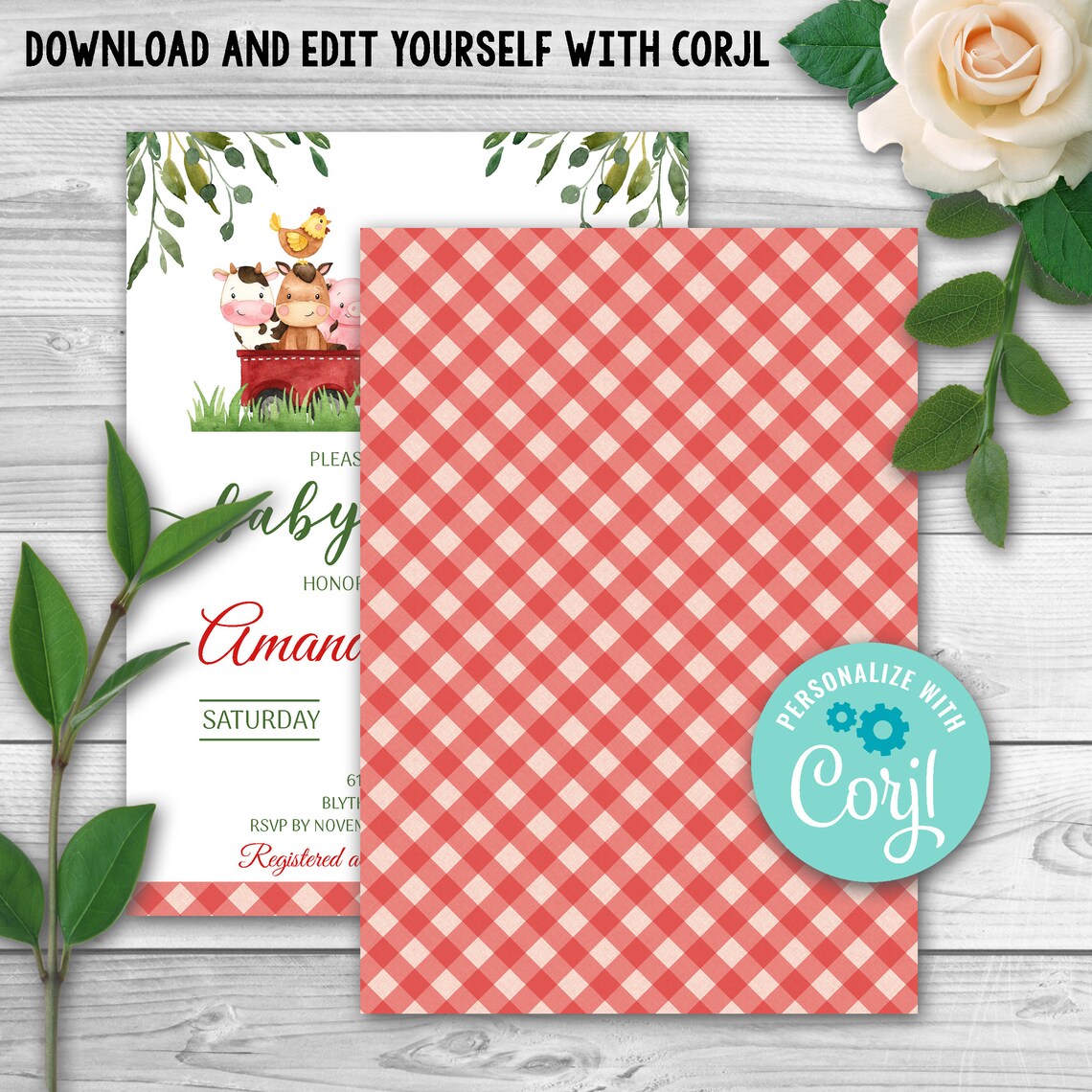 Editable Farm Baby Shower Invitation. Red Farm Animals Baby | Etsy