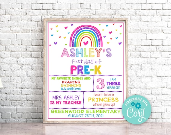 Editable First Day of Pre-k Sign Rainbow First Day of School - Etsy
