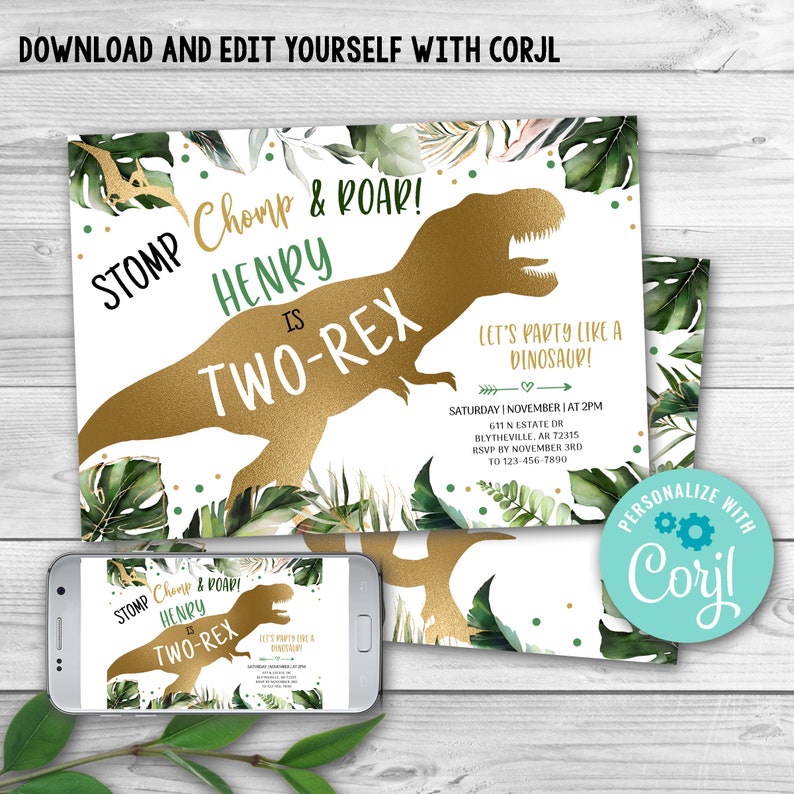 EDITABLE Two-rex Dinosaur Birthday Invitation Dino T-rex | Etsy